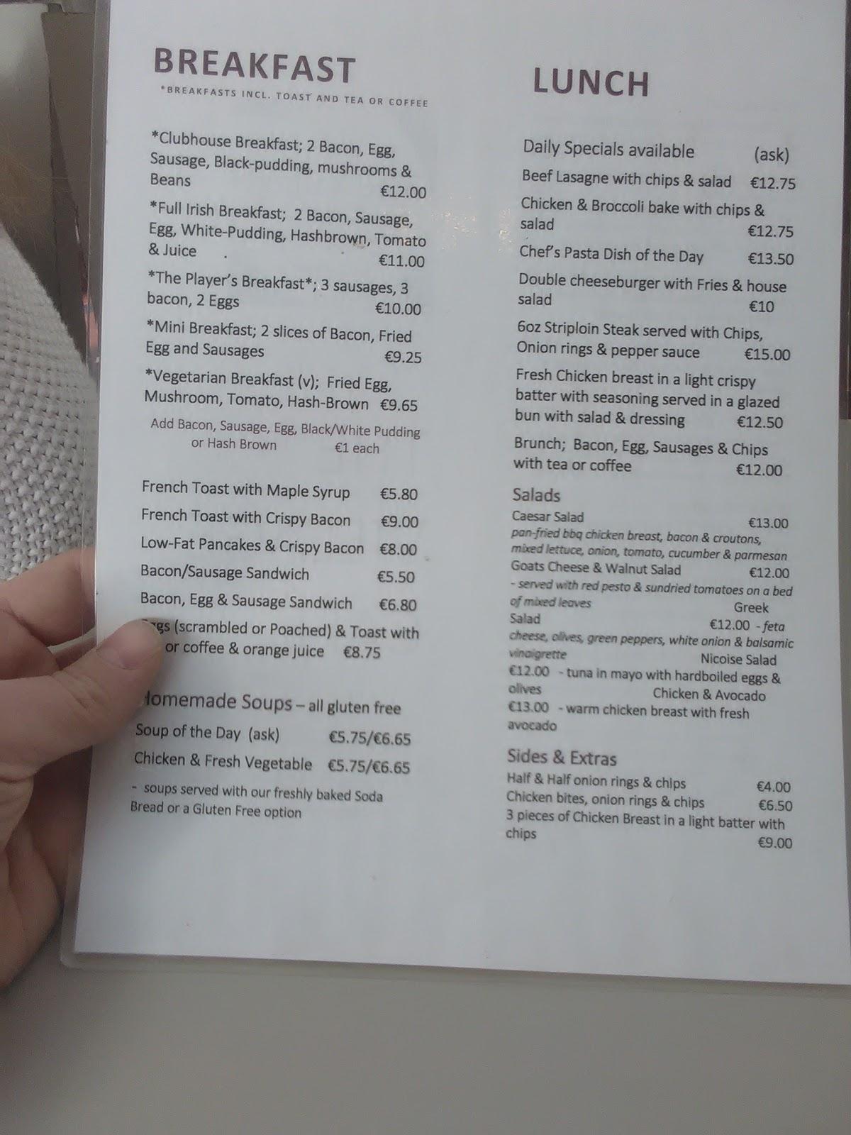 Menu at The Village Cafe, Dublin