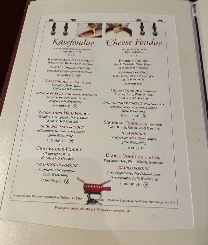 Menu at Alexi's, Zürich