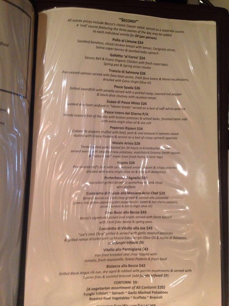 Menu at Becco restaurant, West New York