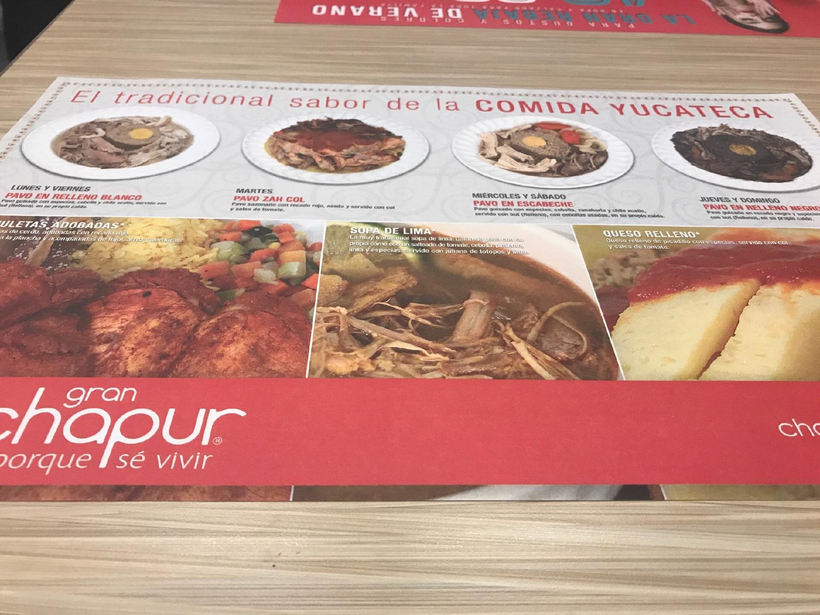 Menu at Chapur restaurant, Merida