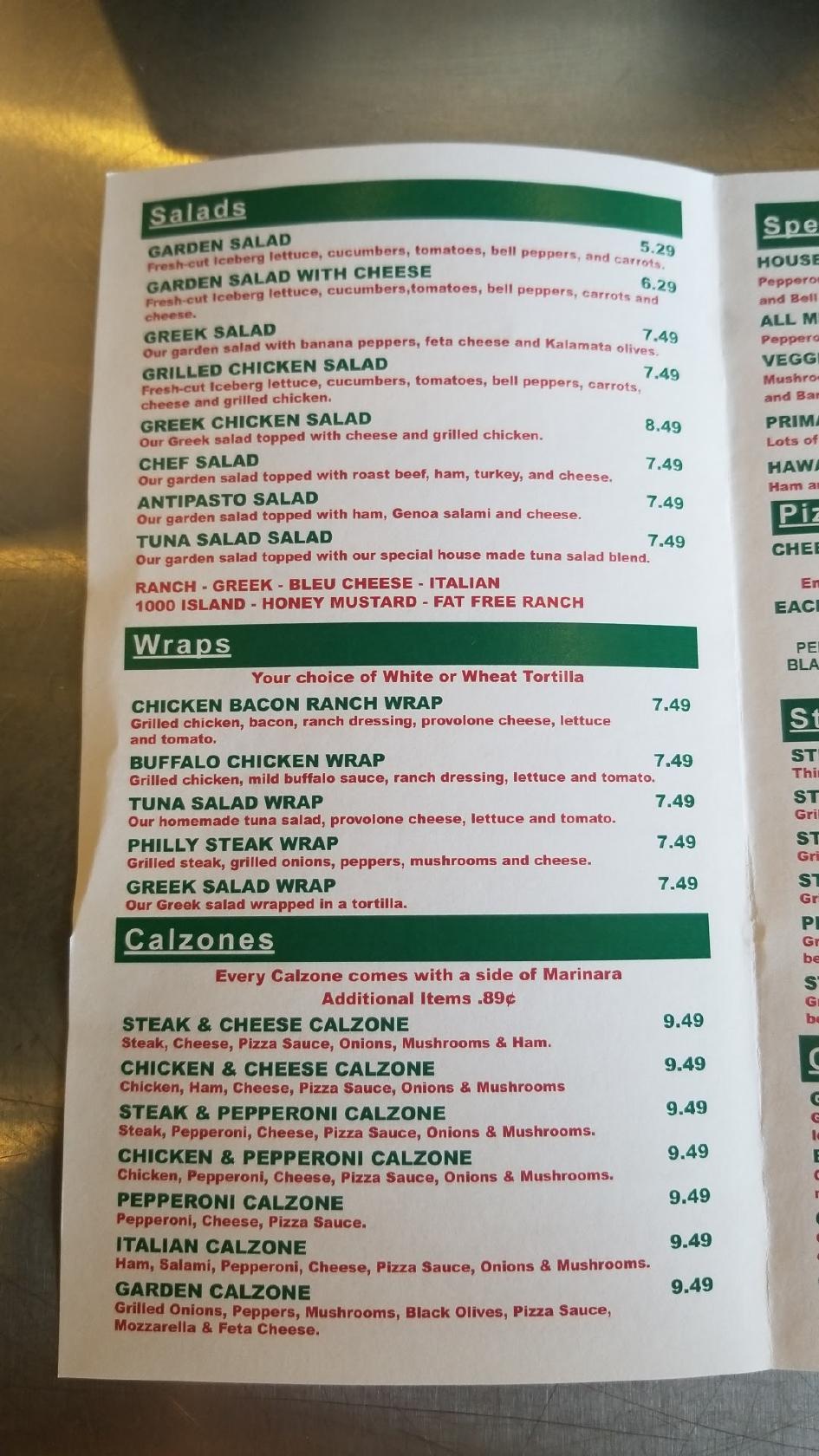 Menu at Mig's Deli pizzeria, Anderson