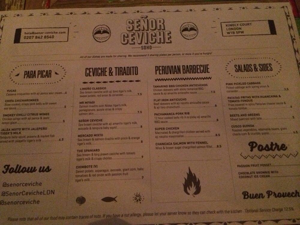 Menu at Señor Ceviche Peruvian Restaurant Soho, London, Kingly Court