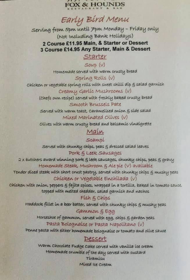 Menu at Fox & Hounds pub & bar, Wakefield