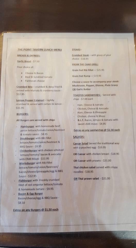 Menu at The Point Tavern restaurant, Midge Point
