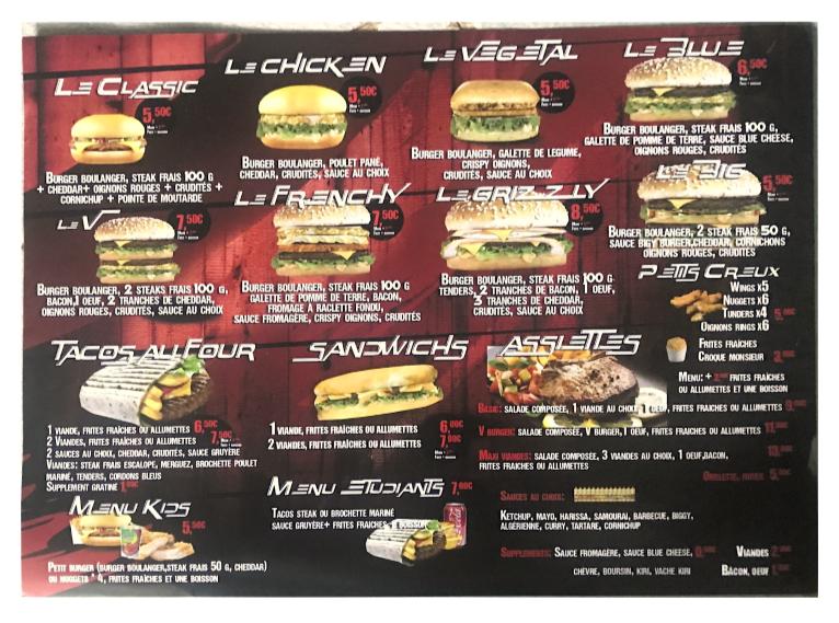 Menu at V'Burger restaurant, Vaulx-en-Velin
