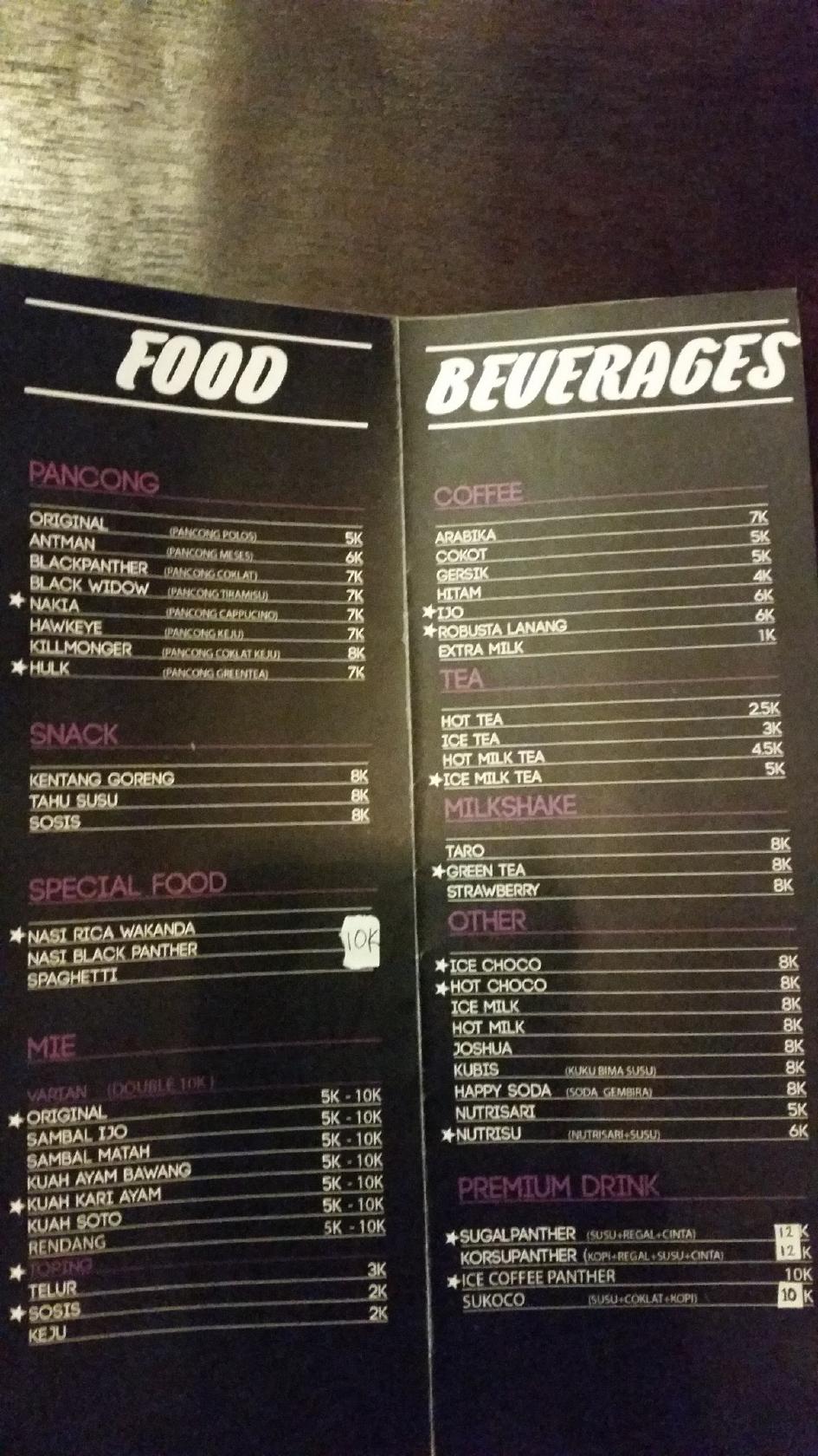 Menu at Wakanda ( Warung Kopi Anda cafe, Malang