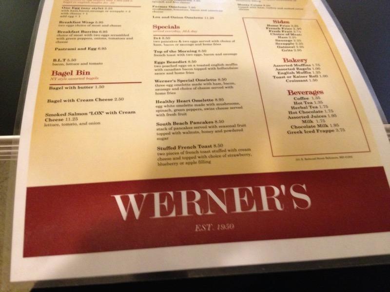 Menu at Werner's Diner and Pub, Baltimore