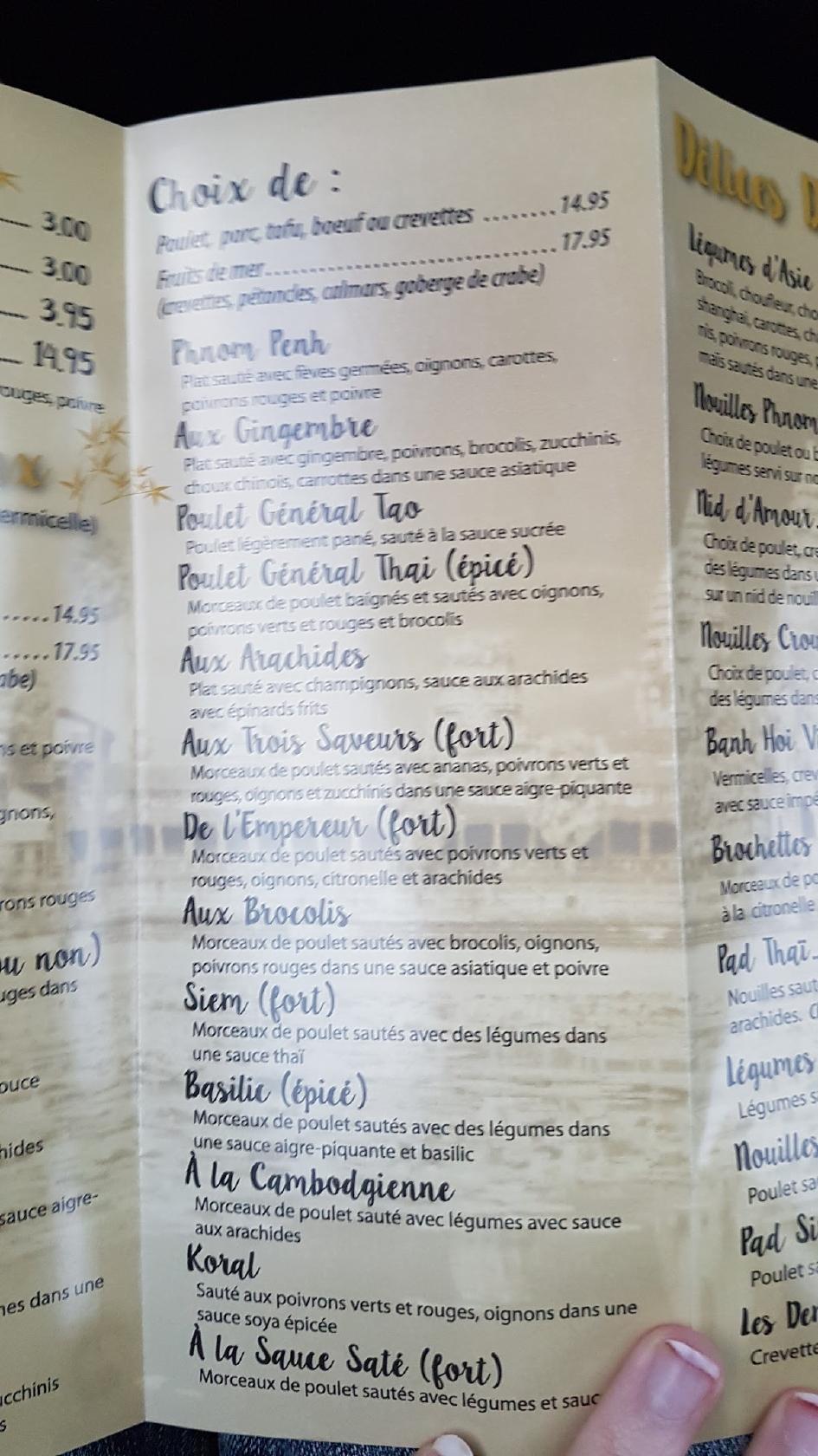 Menu au Ambiances d’Angkor restaurant, Canada