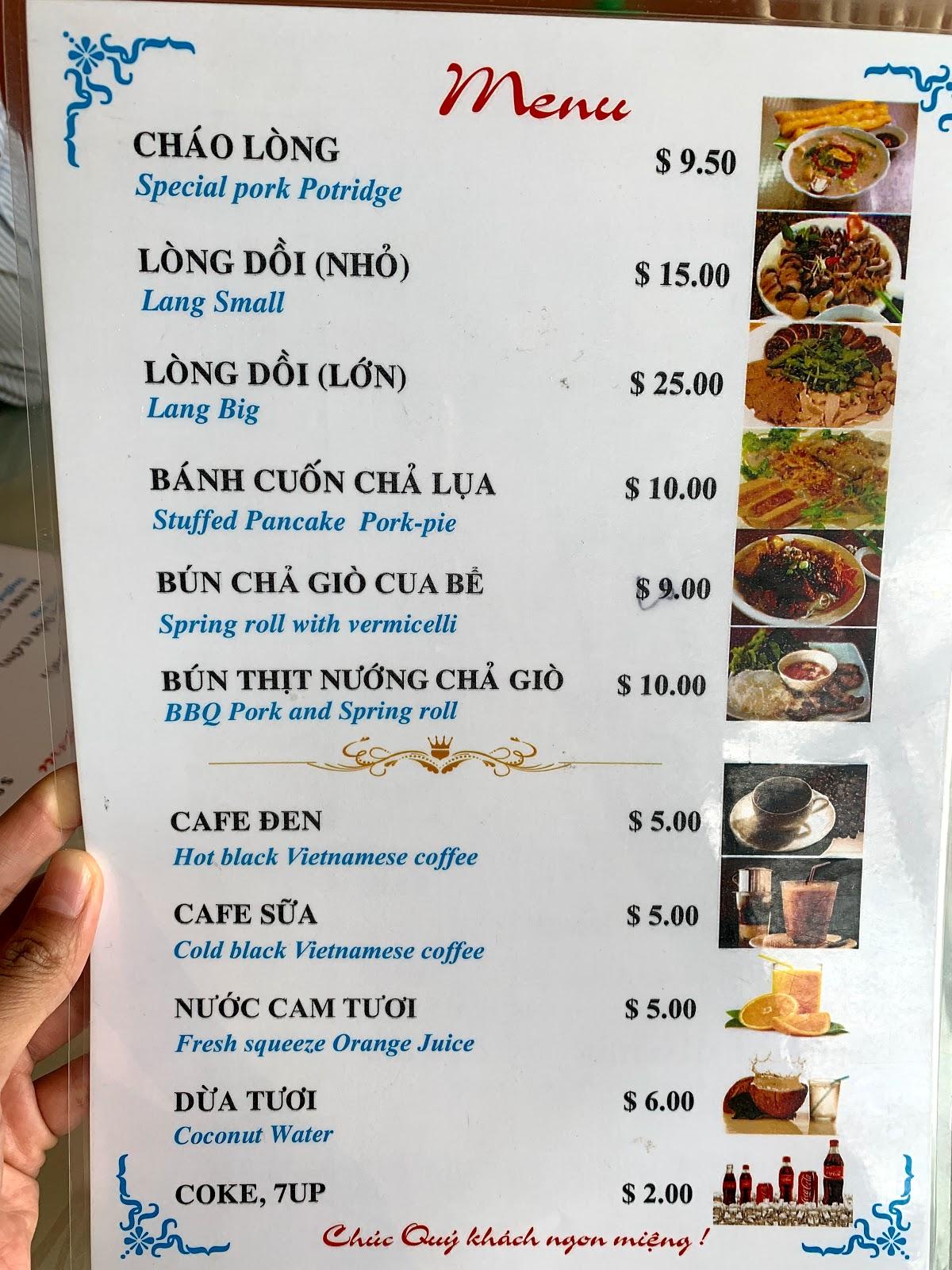 Menu at Cafe Dang Anh, Vancouver