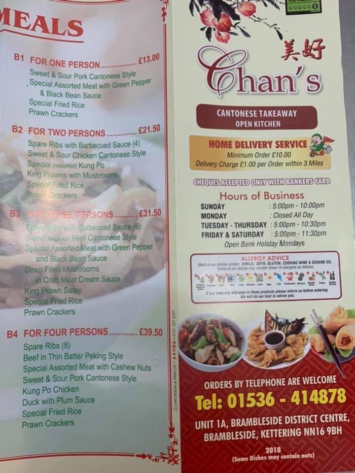 Menu at Chans fast food, Kettering