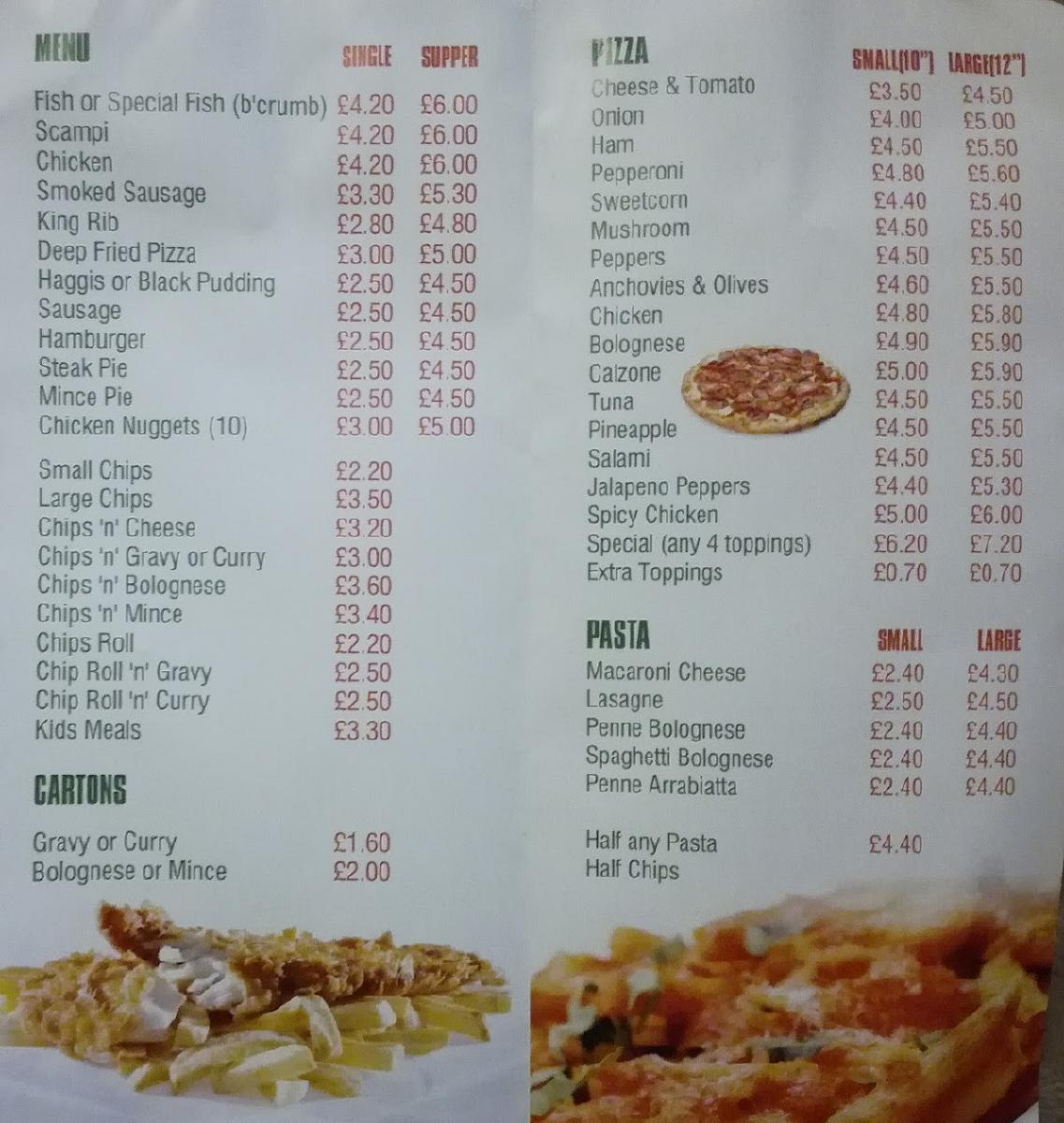 Menu at Luigi's fast food, Greenock
