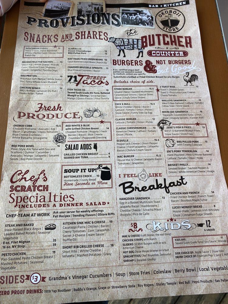 Menu at Okoboji Store pub & bar, Okoboji