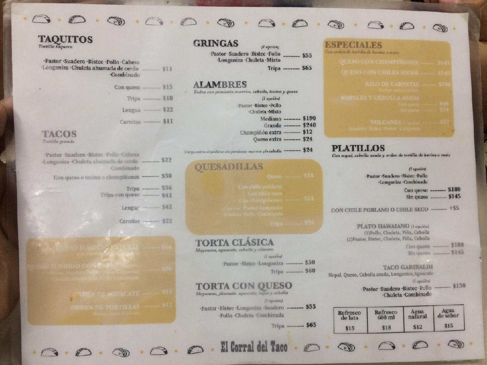 Menu at El Corral del Taco restaurant, El Pueblito