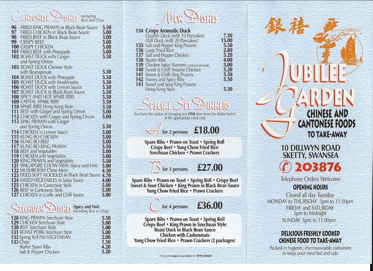 Menu at Jubilee Garden fast food, Swansea