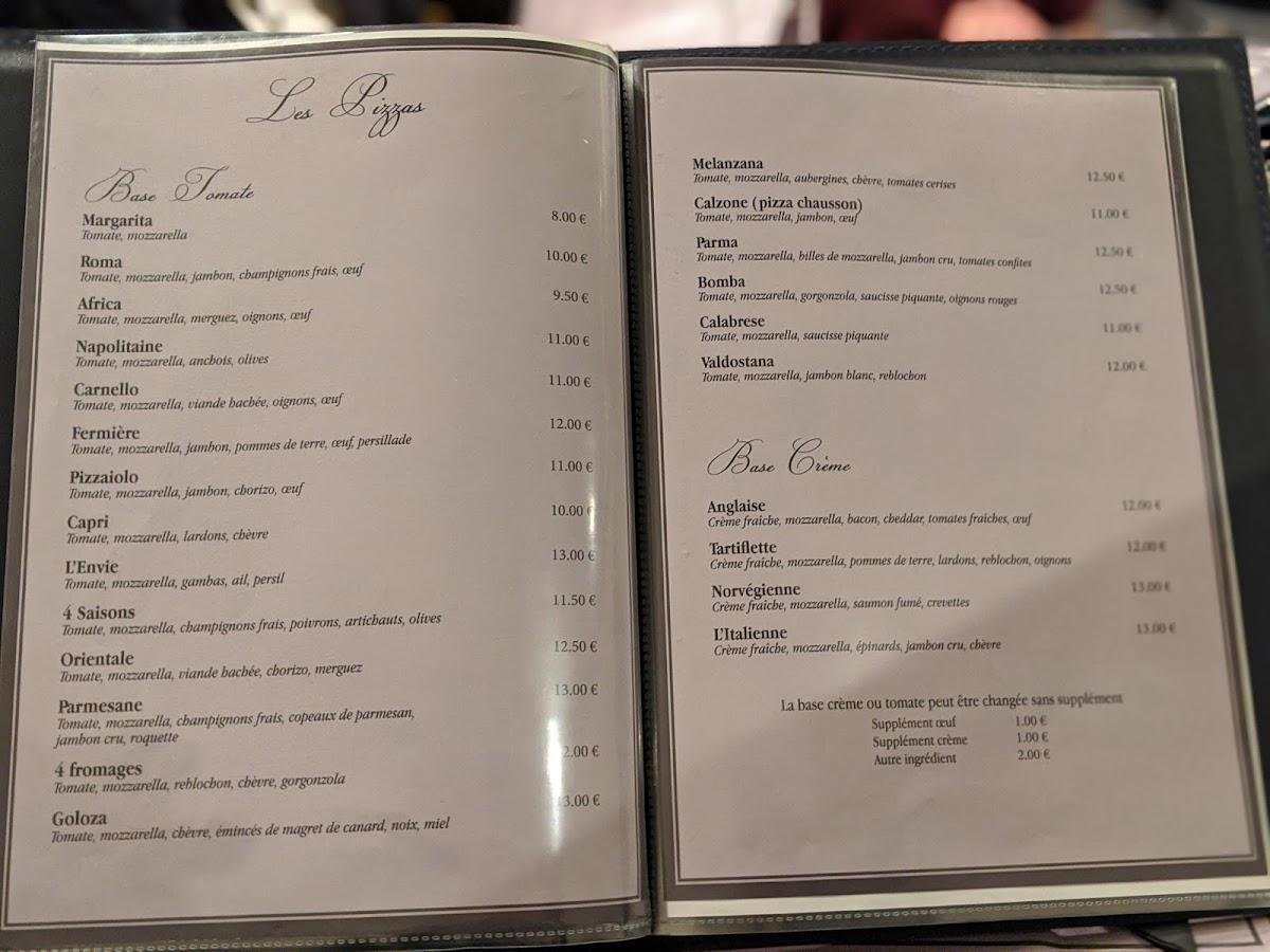 Menu au L'Envie pizzeria, Nevers