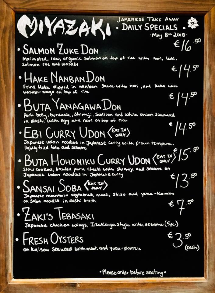 Menu at Miyazaki Japanese Take Away restaurant, Cork
