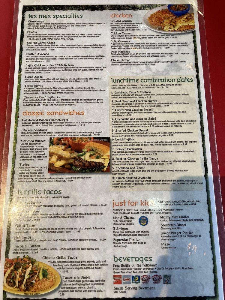 Menu at Monterey's Little Mexico restaurant, Temple