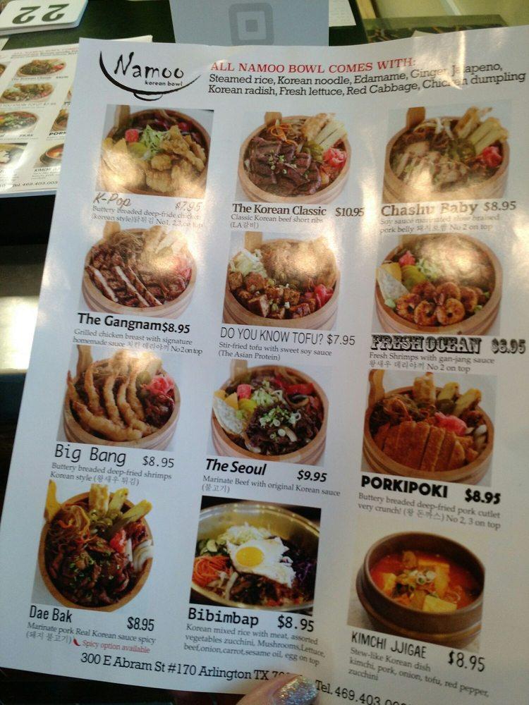 Menu at NAMOO Koreanbowl restaurant, Arlington