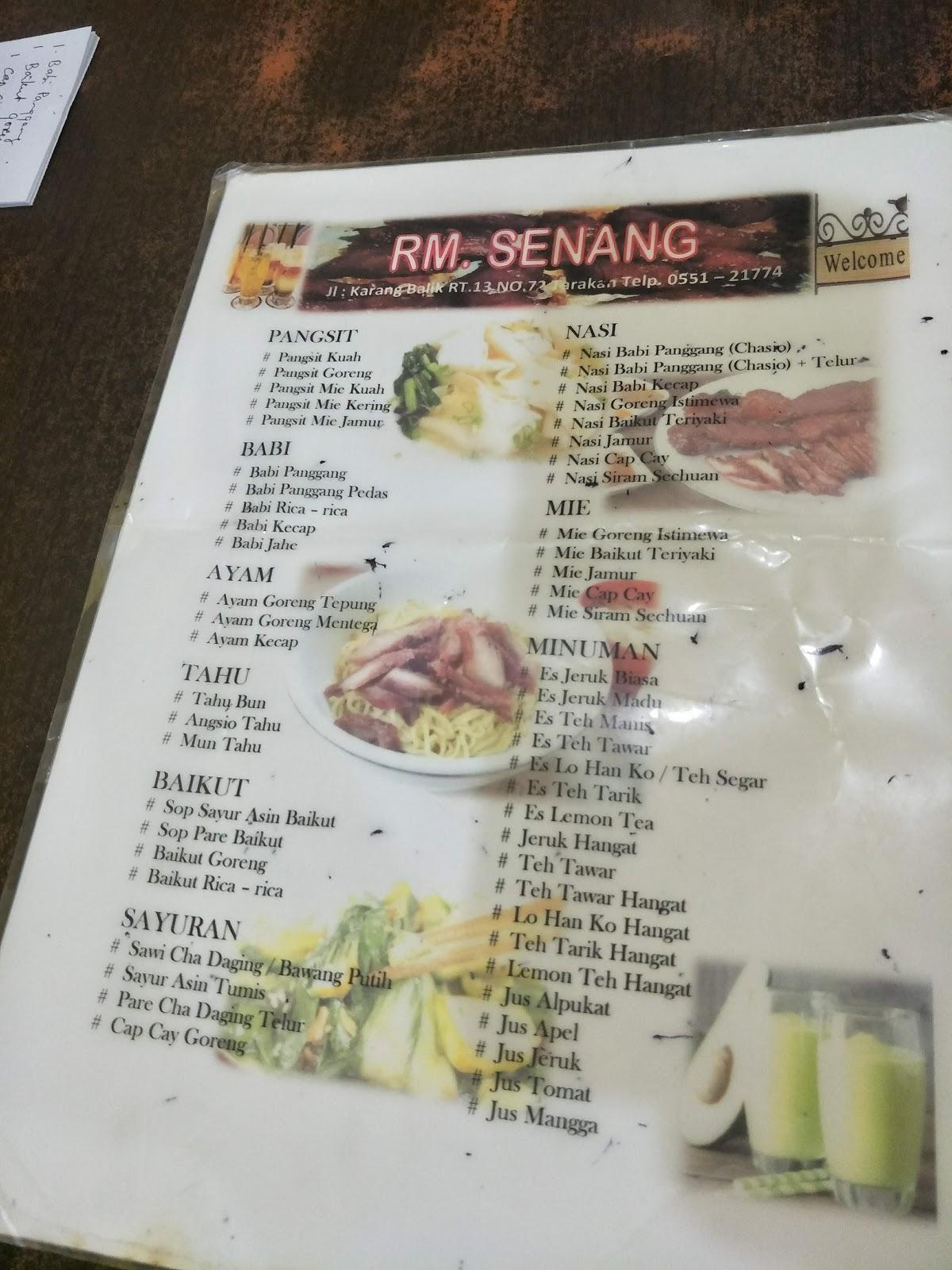 Menu at RM Senang restaurant, Tarakan, 8H5M+CV5