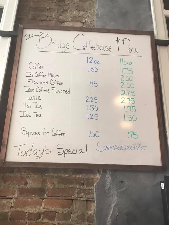 Menu at The Bridge Coffeehouse cafe, Red Oak