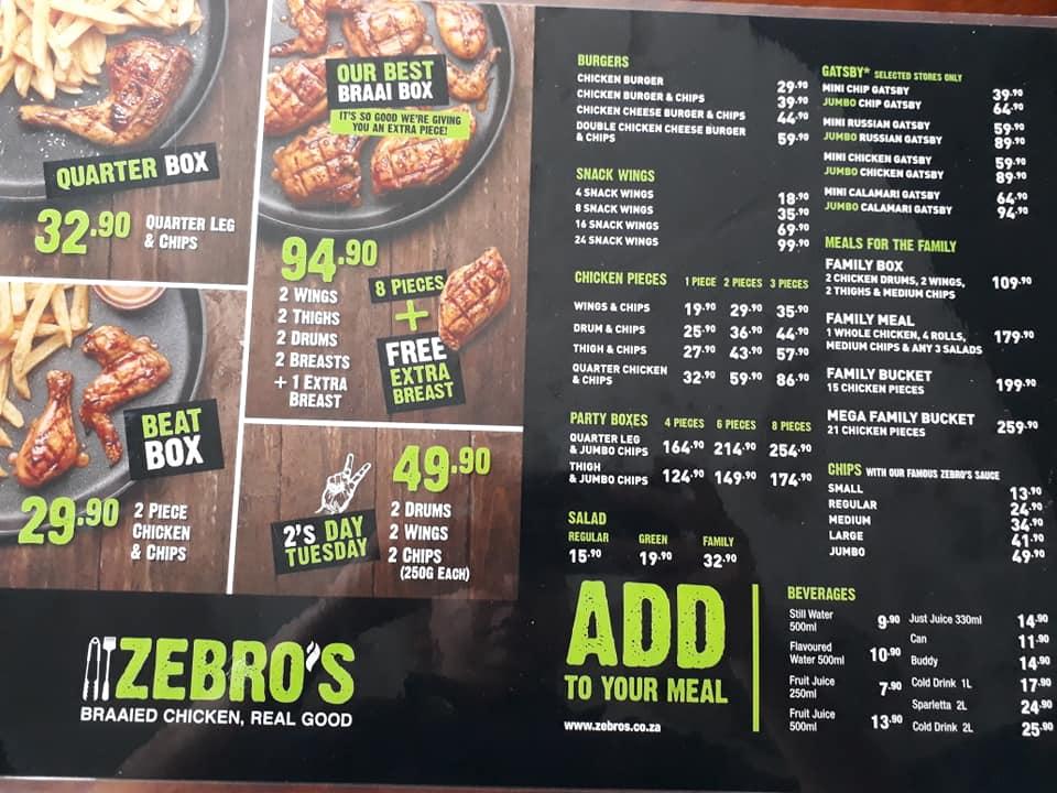 Speisekarte von Zebro's Chicken Langebaan restaurant, Langebaan