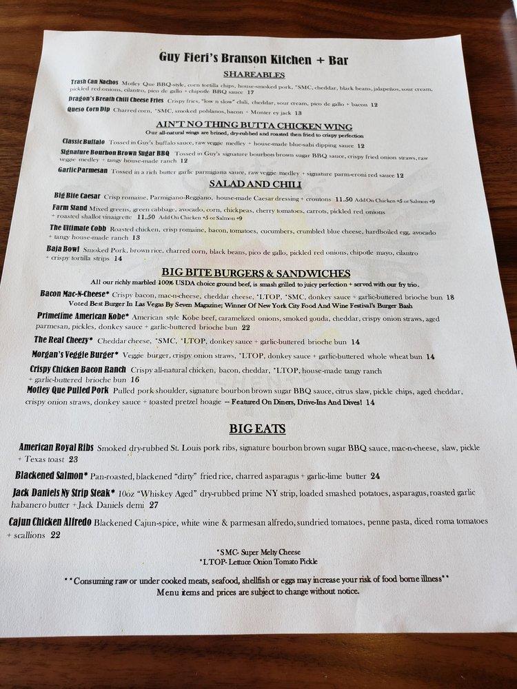 Menu at Guy Fieri's Branson Kitchen + Bar, Branson, 100 Branson Landing ...