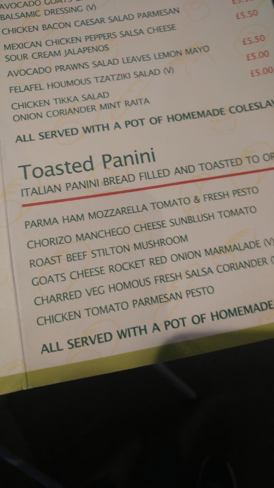 Menu at Hollys cafe, Leicester