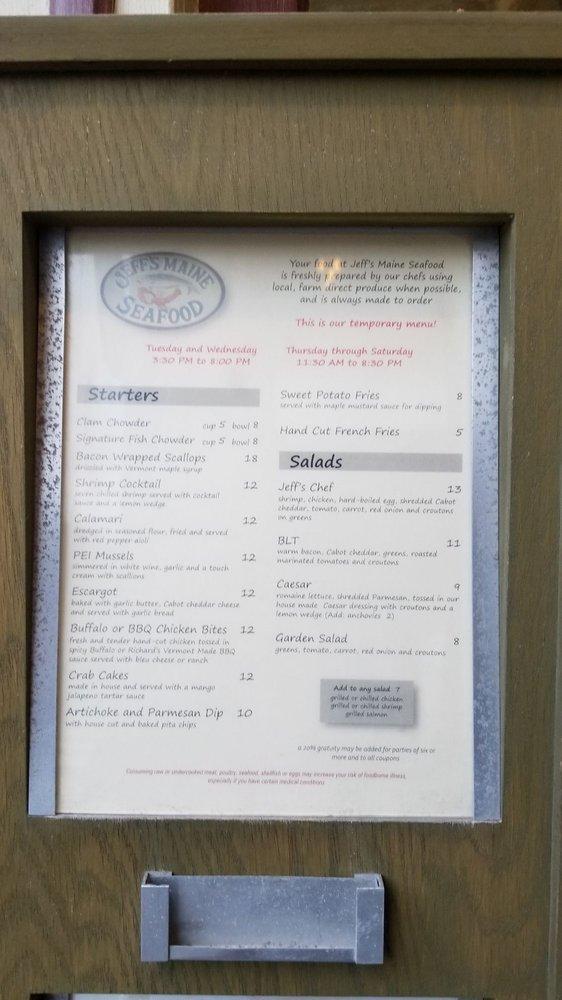Menu at Jeff's Maine Seafood restaurant, Saint Albans City