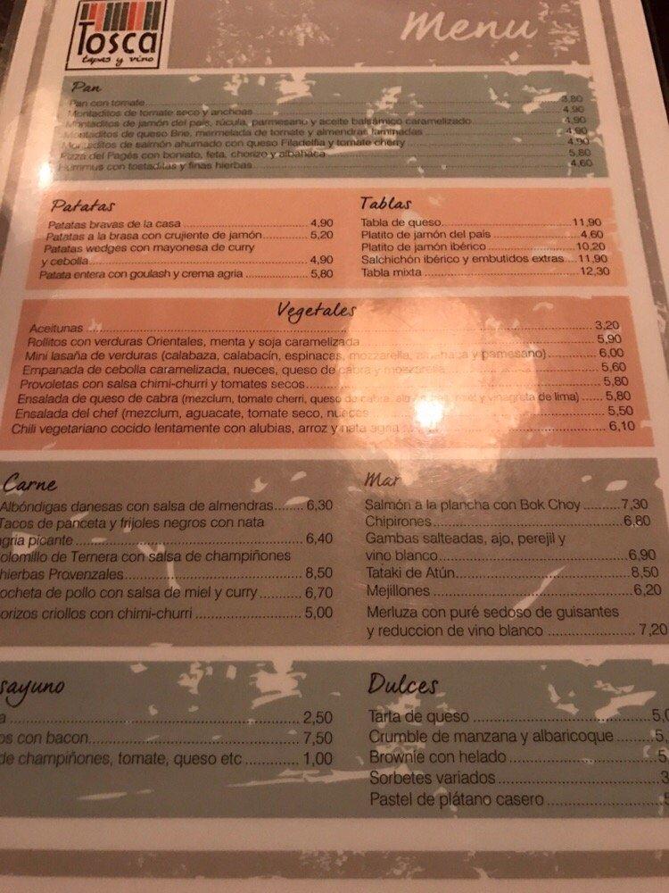 Menu at Tosca Tapas y Vino pub & bar, Barcelona