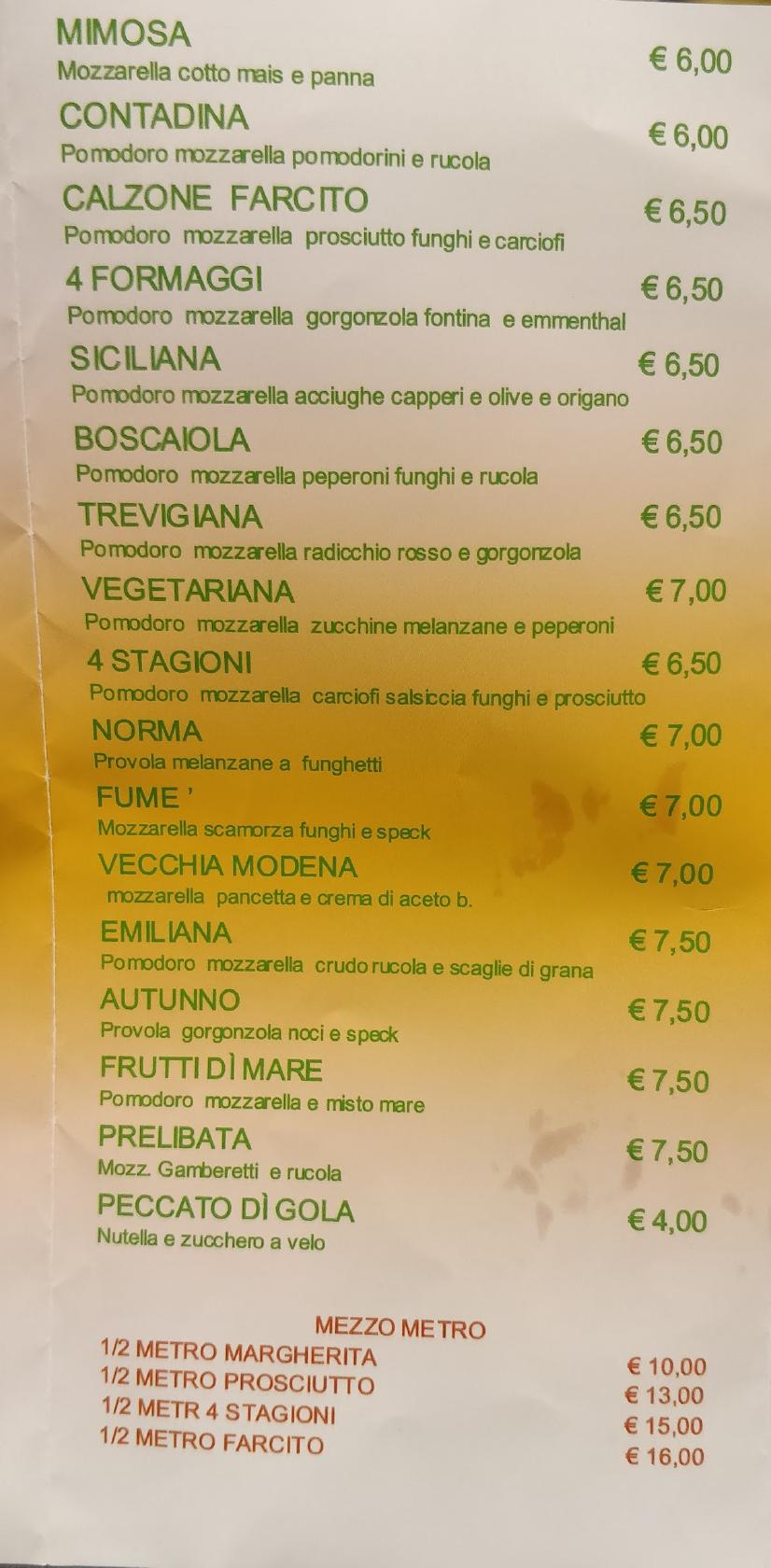 Menu at un posto al sole pizzeria, Reggio Emilia