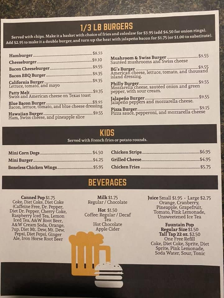 Menu at BG's Bar & Grill, Mountain Iron
