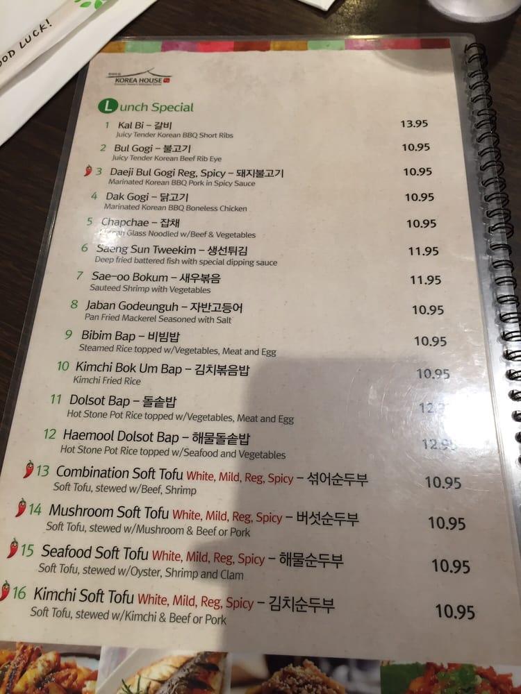 Menu at Korea House restaurant, Concord
