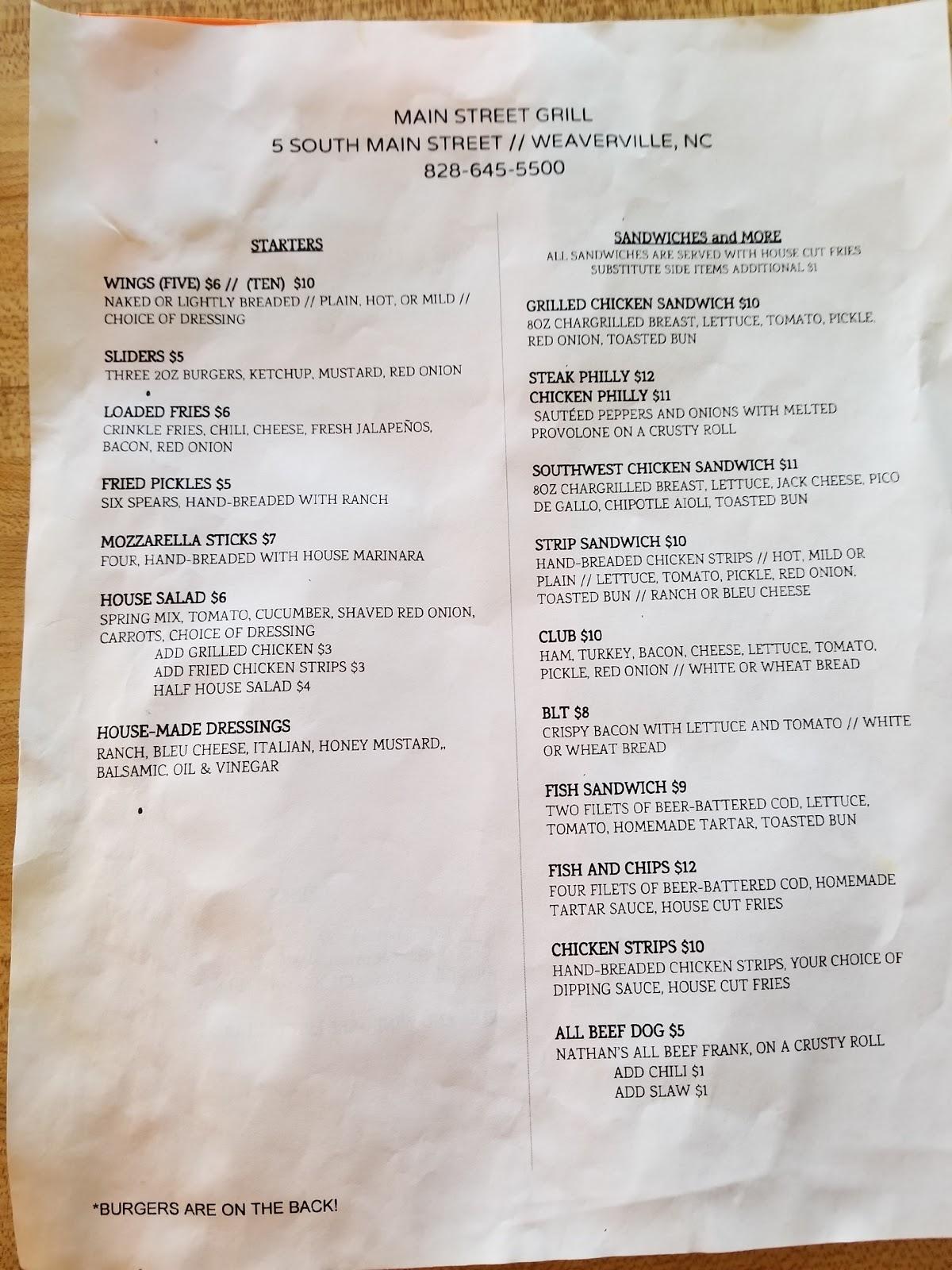 Menu at Main Street Grill restaurant, Weaverville
