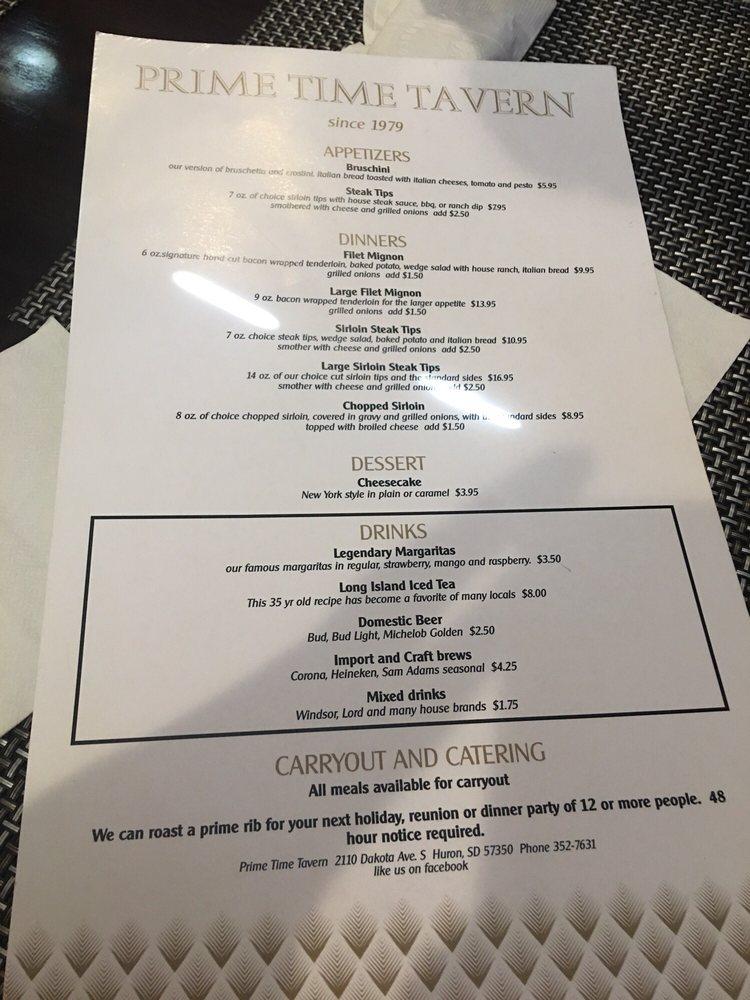 Menu at Prime Time Tavern pub & bar, Huron