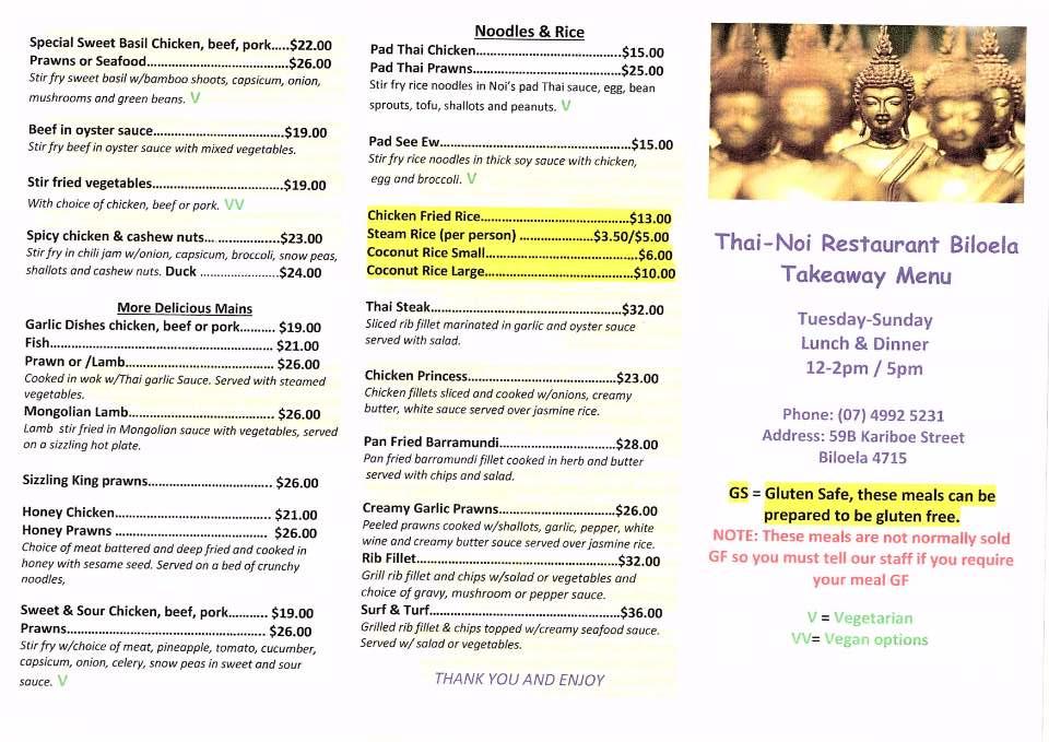 Menu at Thai-Noi Restaurant, Biloela