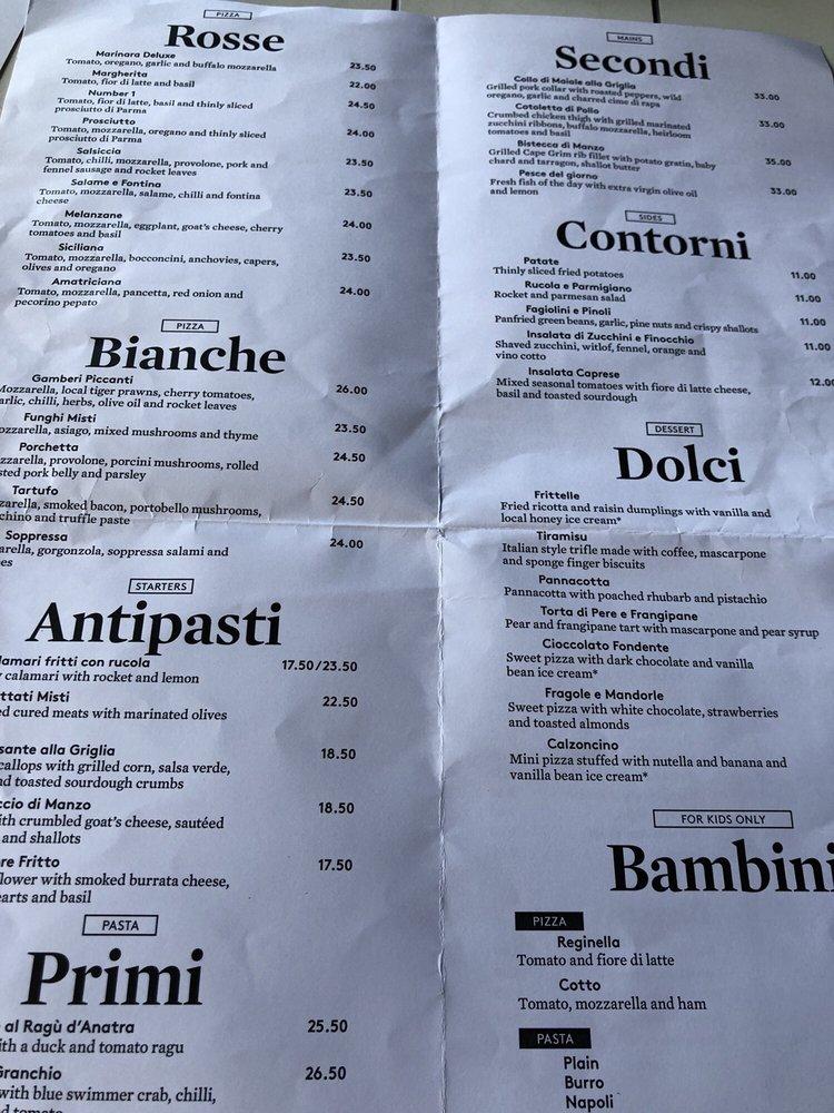 Menu at Julius Pizzeria, South Brisbane