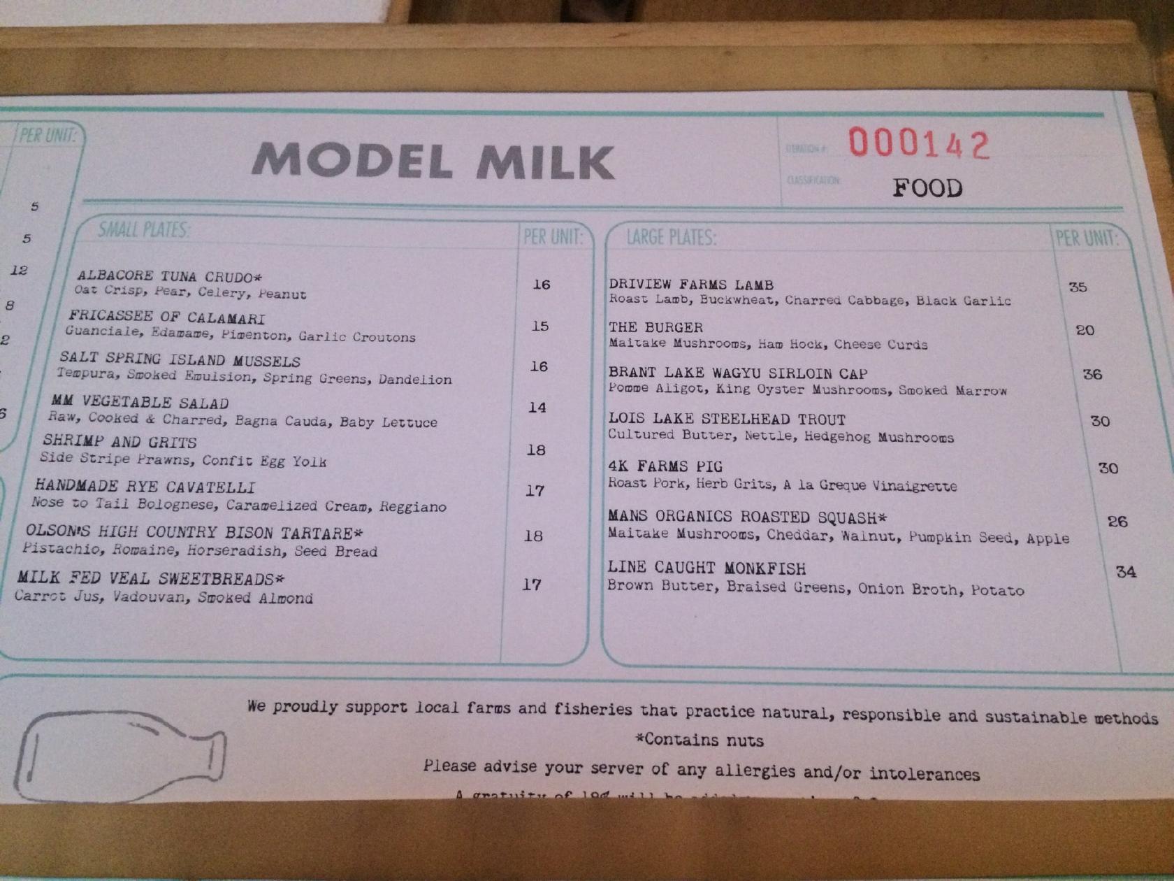 Menu at Model Milk restaurant, Calgary