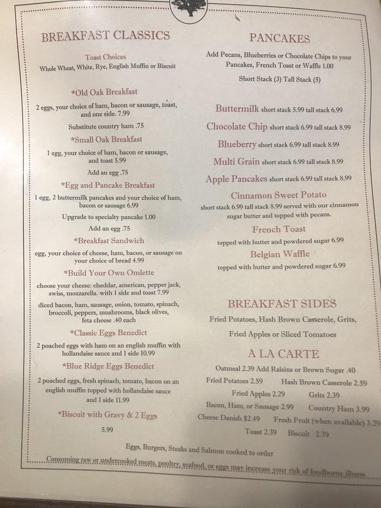 Menu at Old Oak Cafe, Westlake Corner