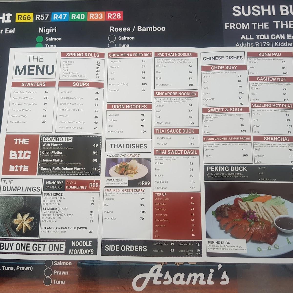 Menu at Asami's Tygervalley restaurant, Cape Town, Tyger Valley