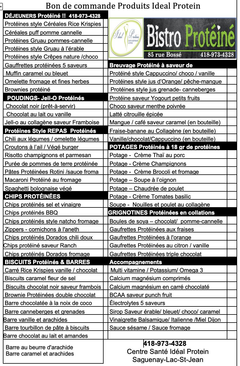 Menu at Bistro Protéiné Ideal Protein restaurant, Saguenay