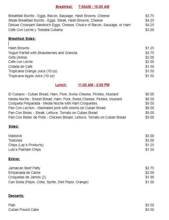 Menu at Cafe Mely, Hialeah