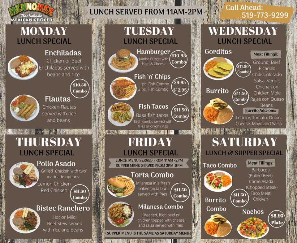 Menu at Mennomex restaurant, Aylmer
