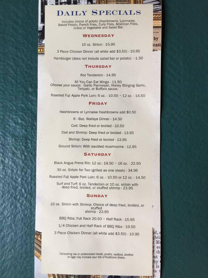 Menu at Old Abe's Supper Club, USA