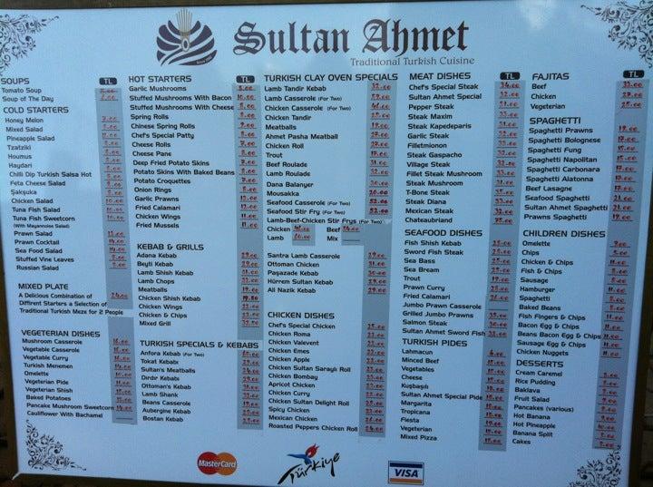 Menu at Sultanahmet Restaurant, Ölüdeniz Belediyesi