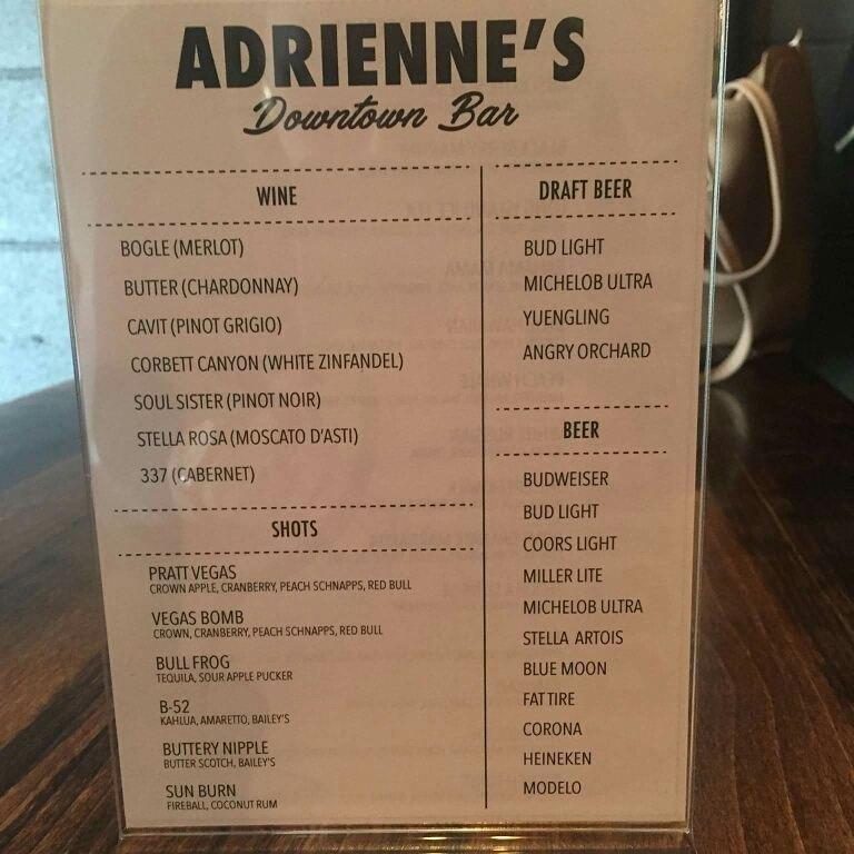Menu at Adrienne's Downtown Bar, Prattville
