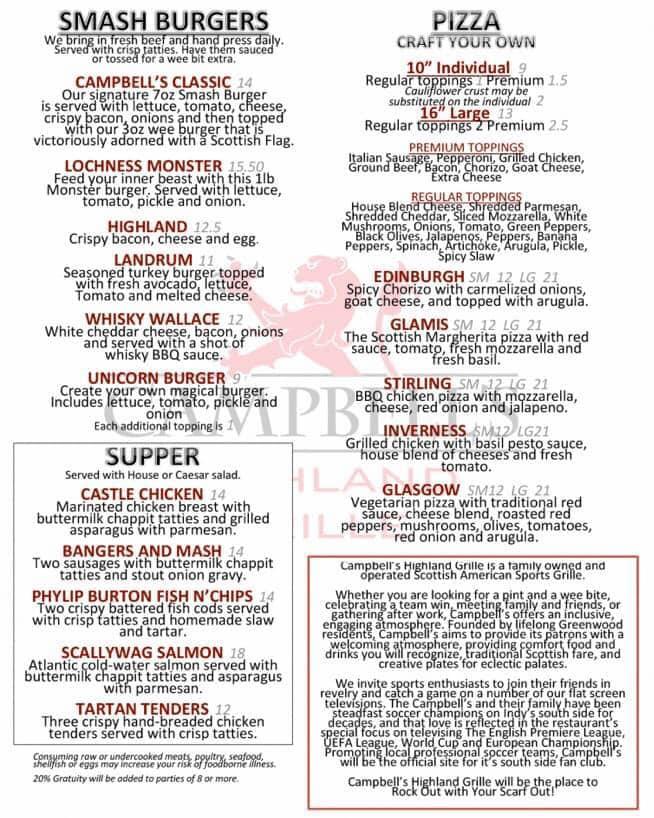 Menu at Campbell's Highland Grille pizzeria, Greenwood