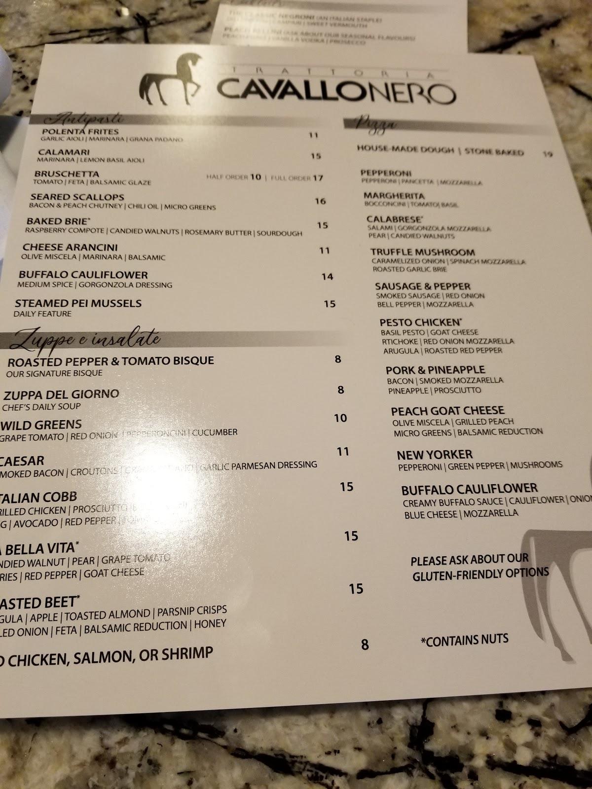 Menu at Cavallo Nero restaurant, Hamilton