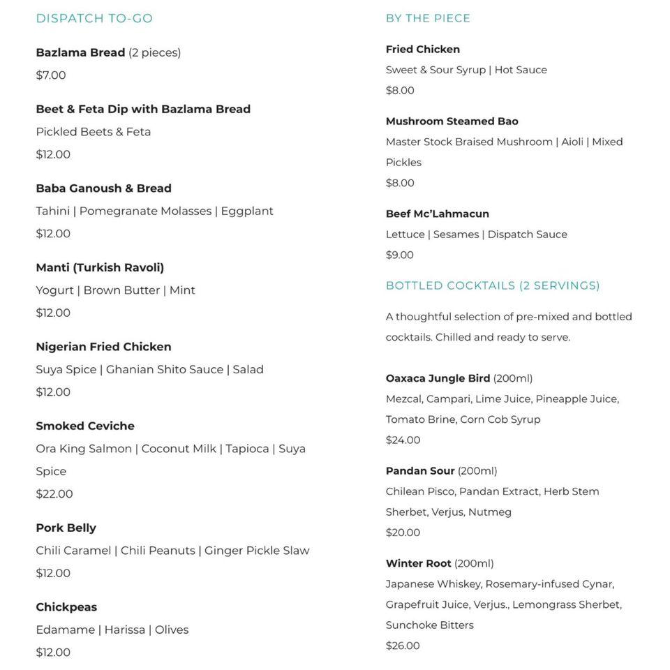 Menu at Dispatch restaurant, St. Catharines