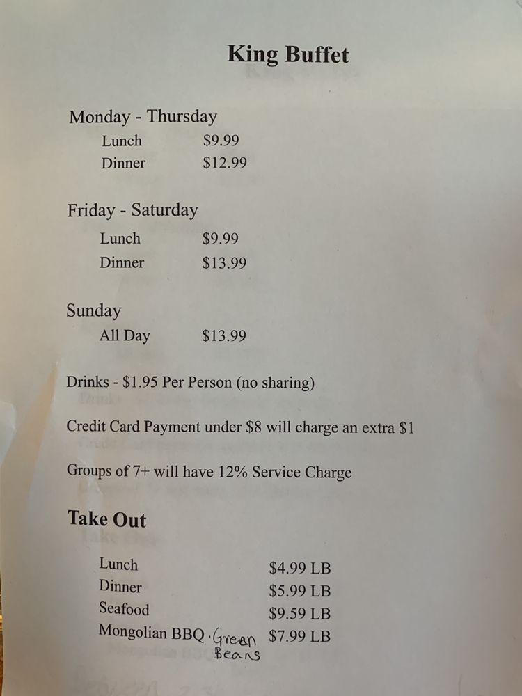 Menu at King Buffet restaurant, Carson City