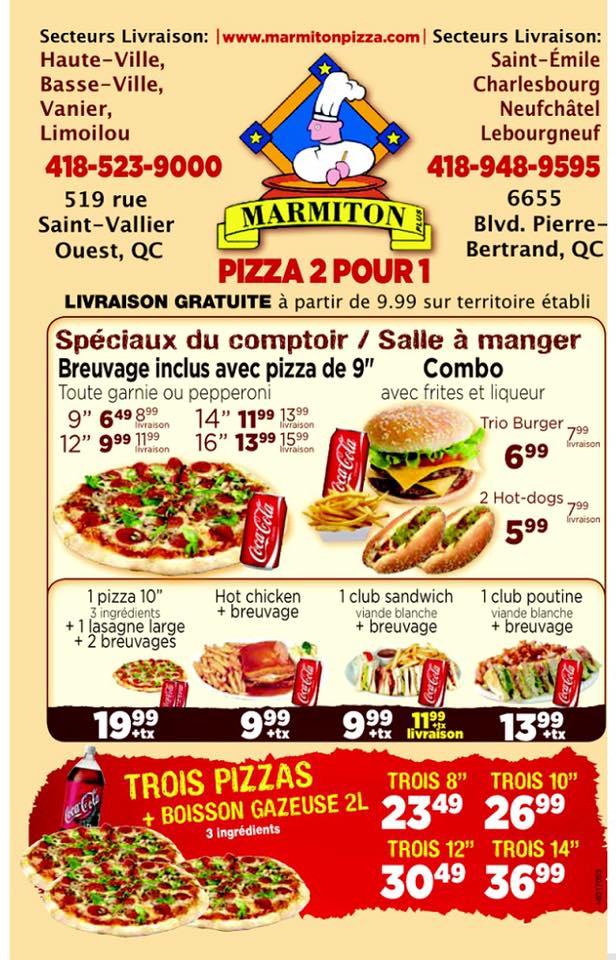 Menu au Marmiton Pizza 2 pour 1 pizzeria, Québec, Pierre-Bertrand Blvd